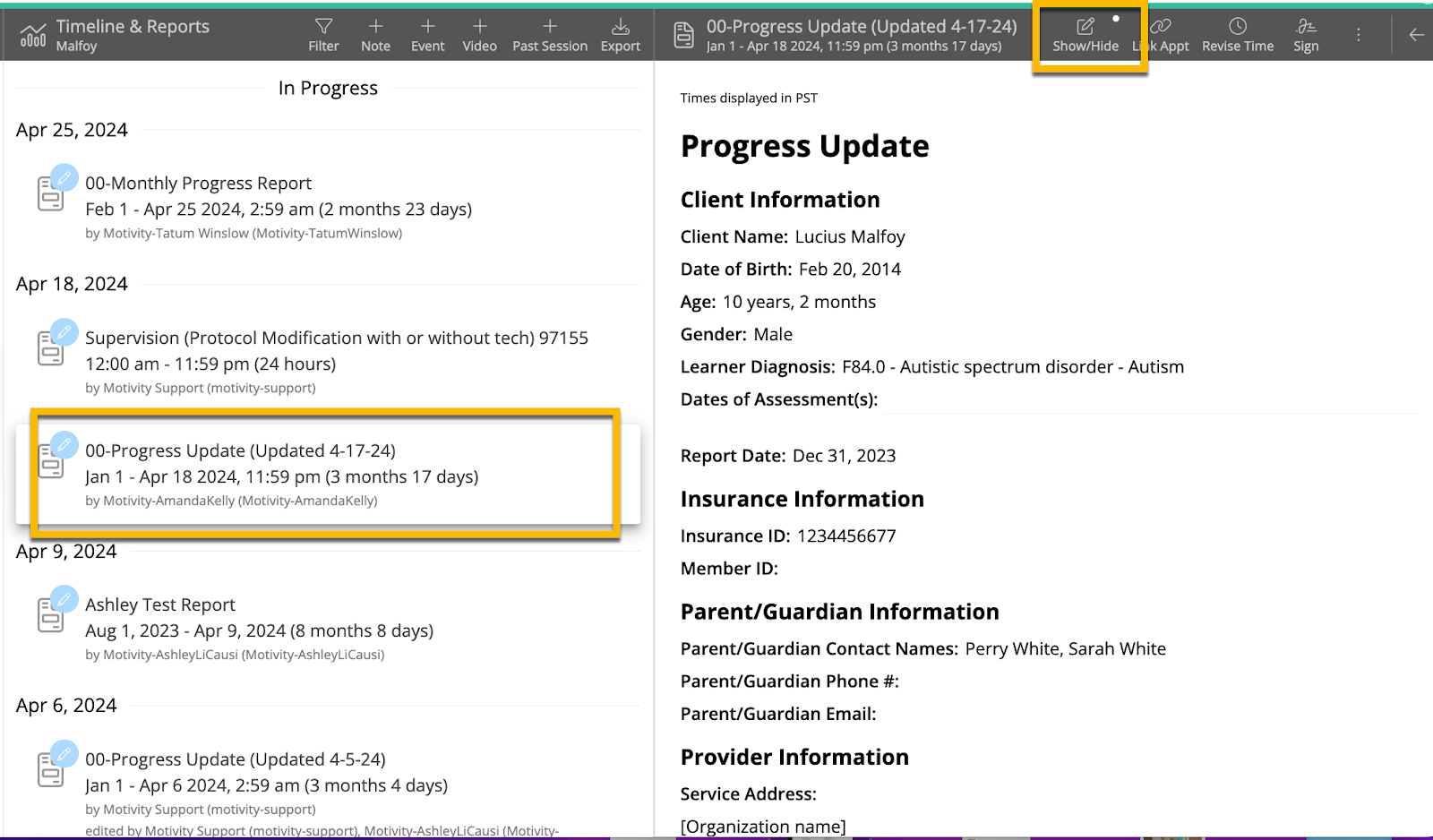 Using the 'Show/Hide' Feature to Customize Reports