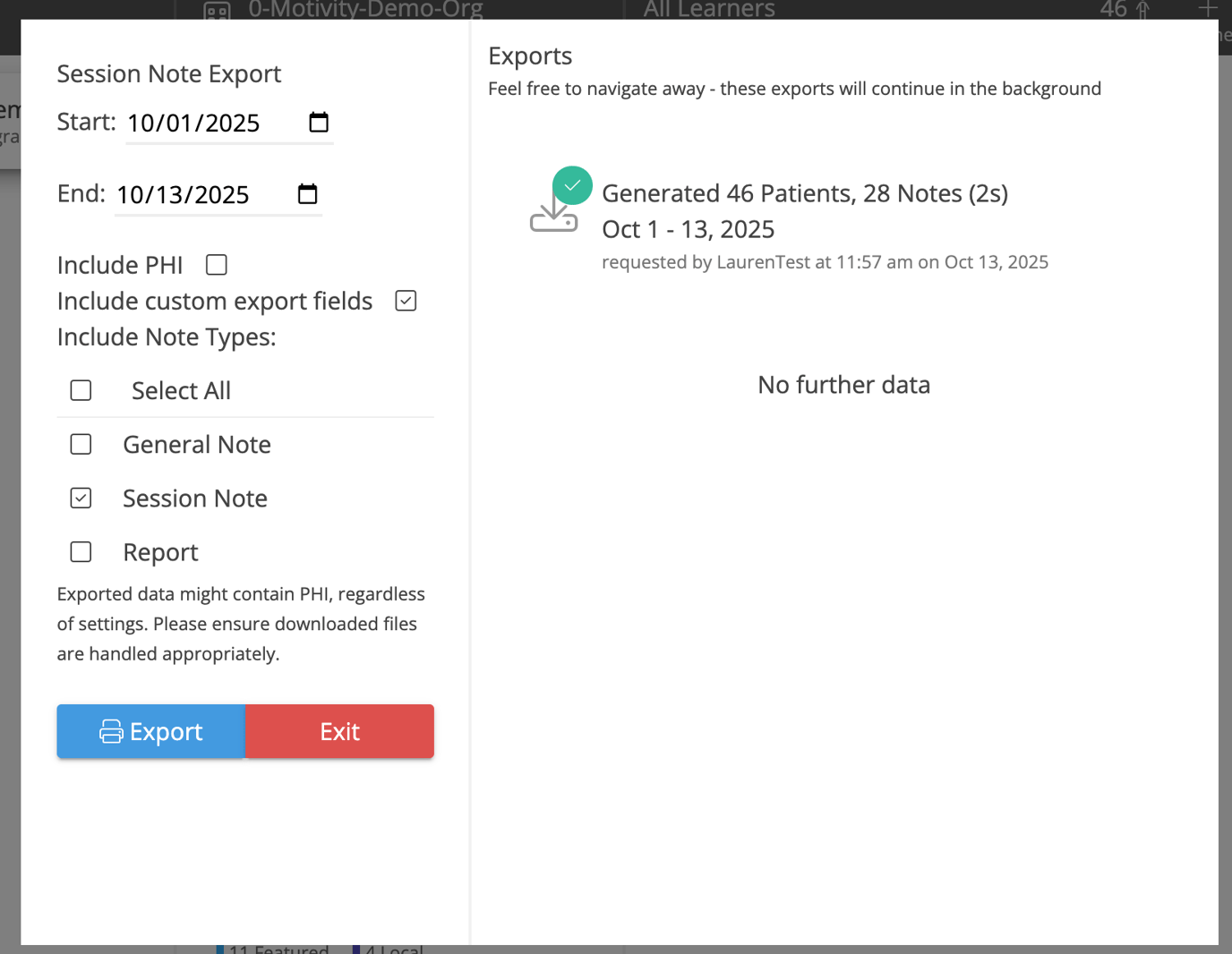 Exporting Data (Session Note Reports, Note Data, Session Reports ...