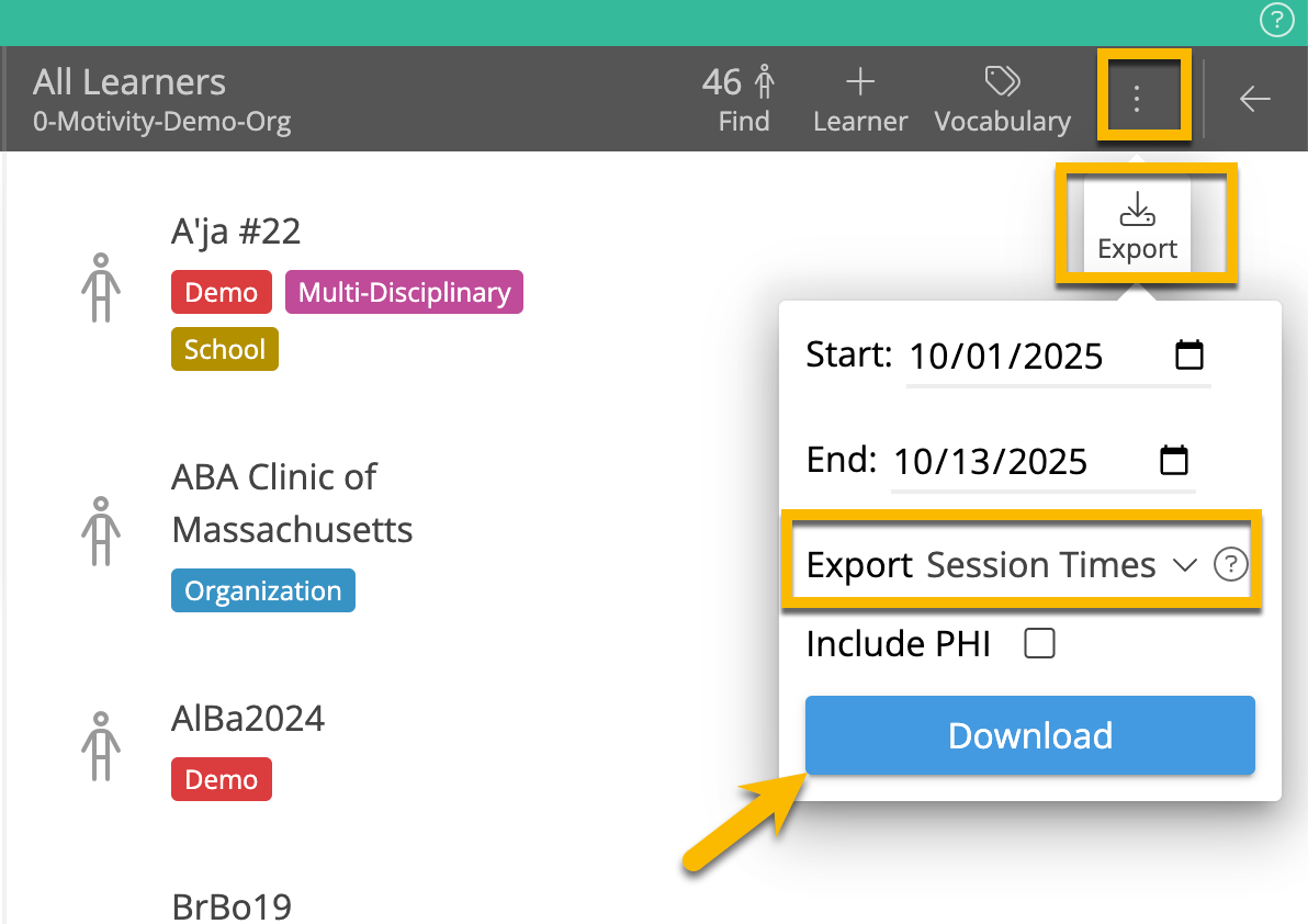 Exporting Data (Session Note Reports, Note Data, Session Reports, Learner Data)