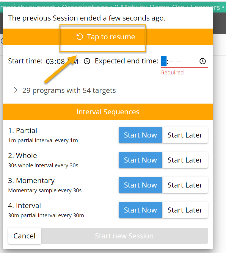 Start Session/Start Collecting Data
